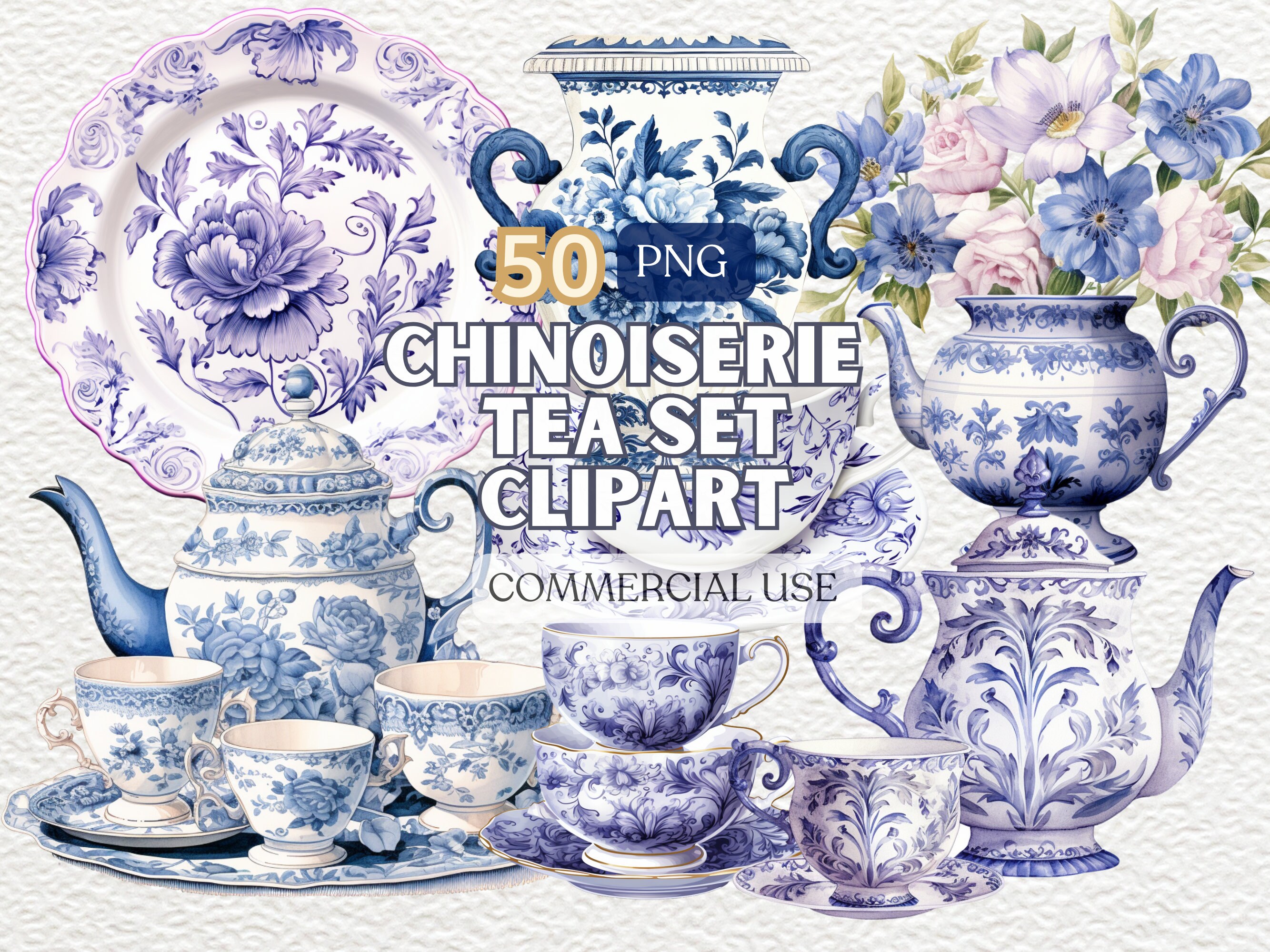 Watercolor Chinoiserie Clipart, Chinoiserie Watercolor Tea Set Clipart ...