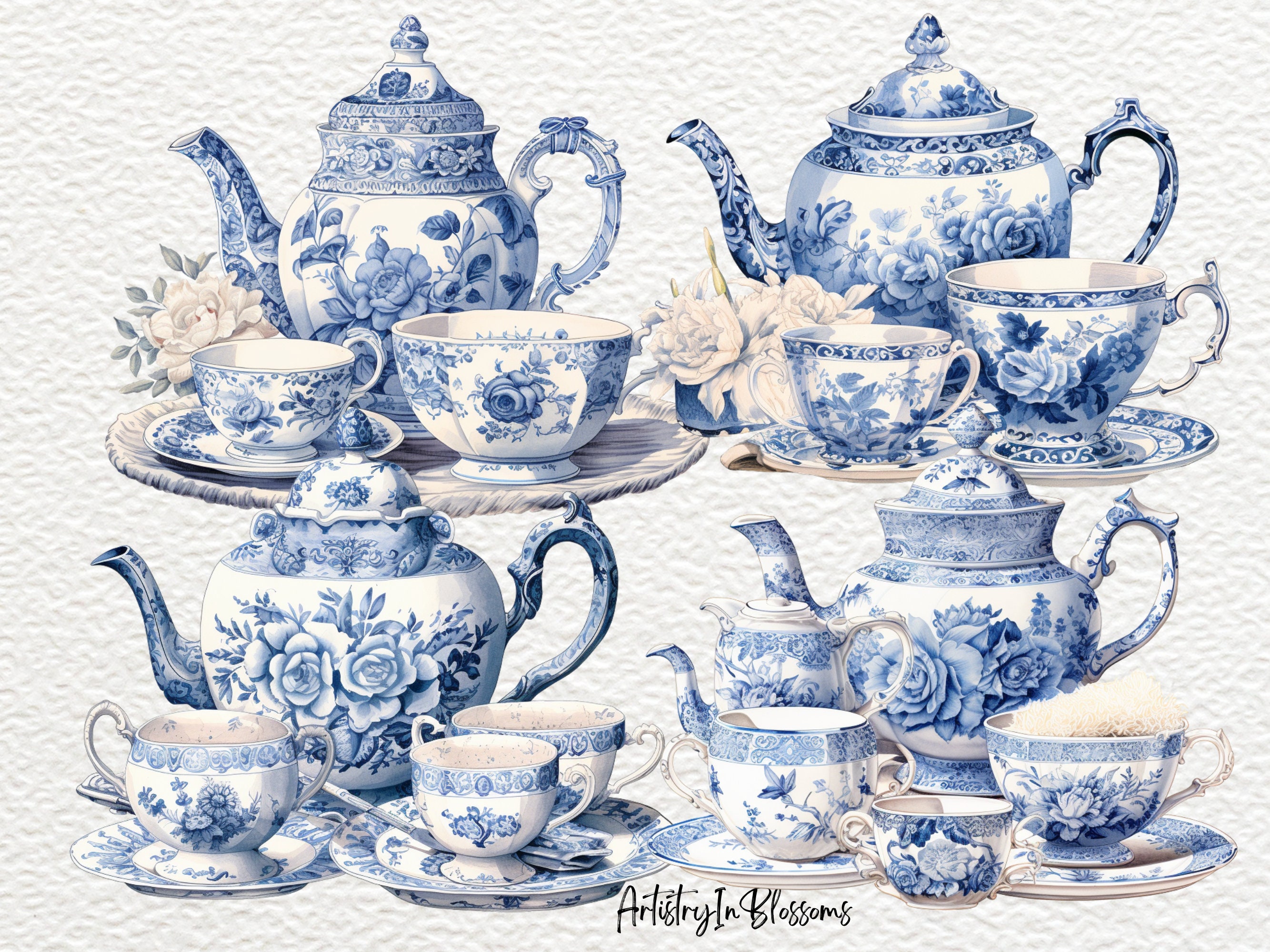Watercolor Chinoiserie Clipart, Chinoiserie Watercolor Tea Set Clipart ...