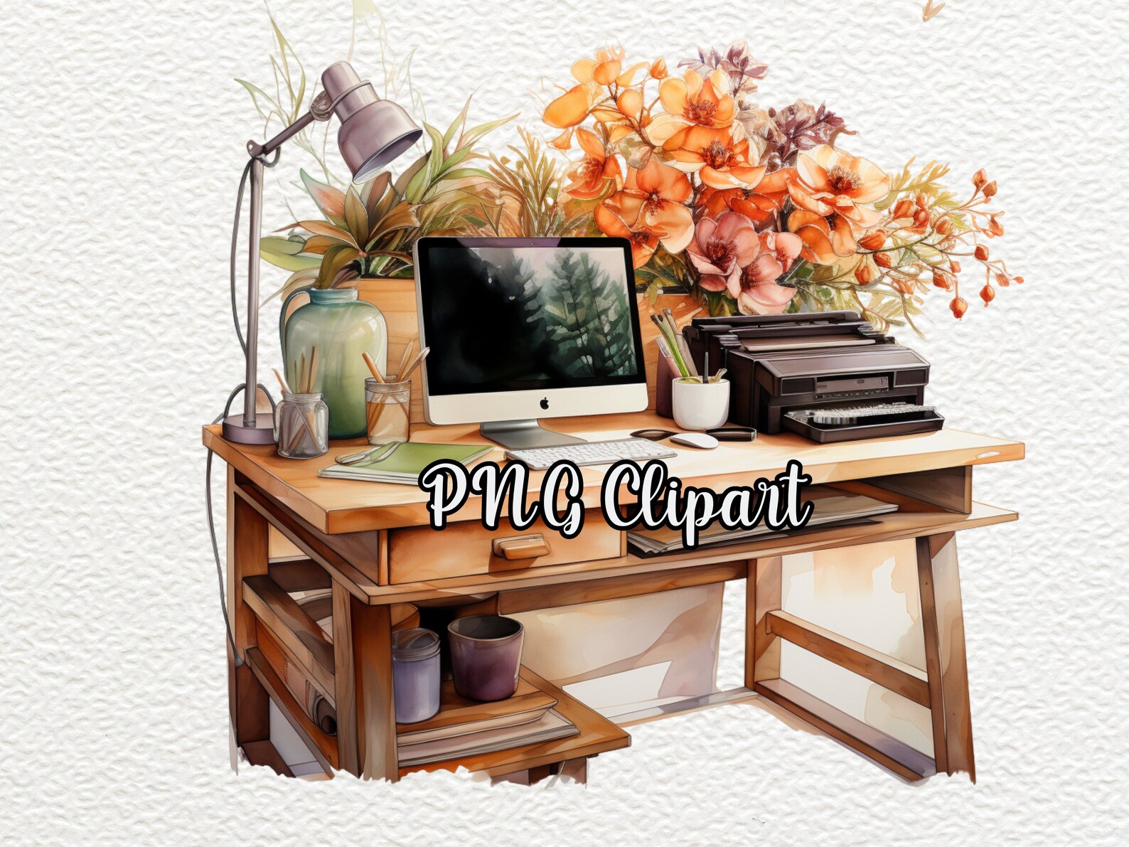 Watercolor Desk With Computer Clipart Watercolor Office Furniture ...