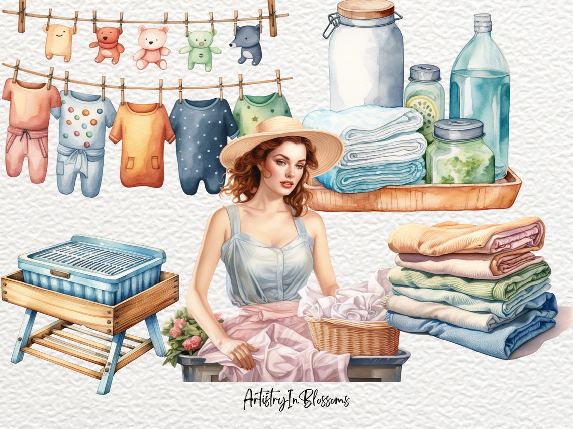 Watercolor Laundry Day Clipart, Housework Clipart, Laundry Png ...