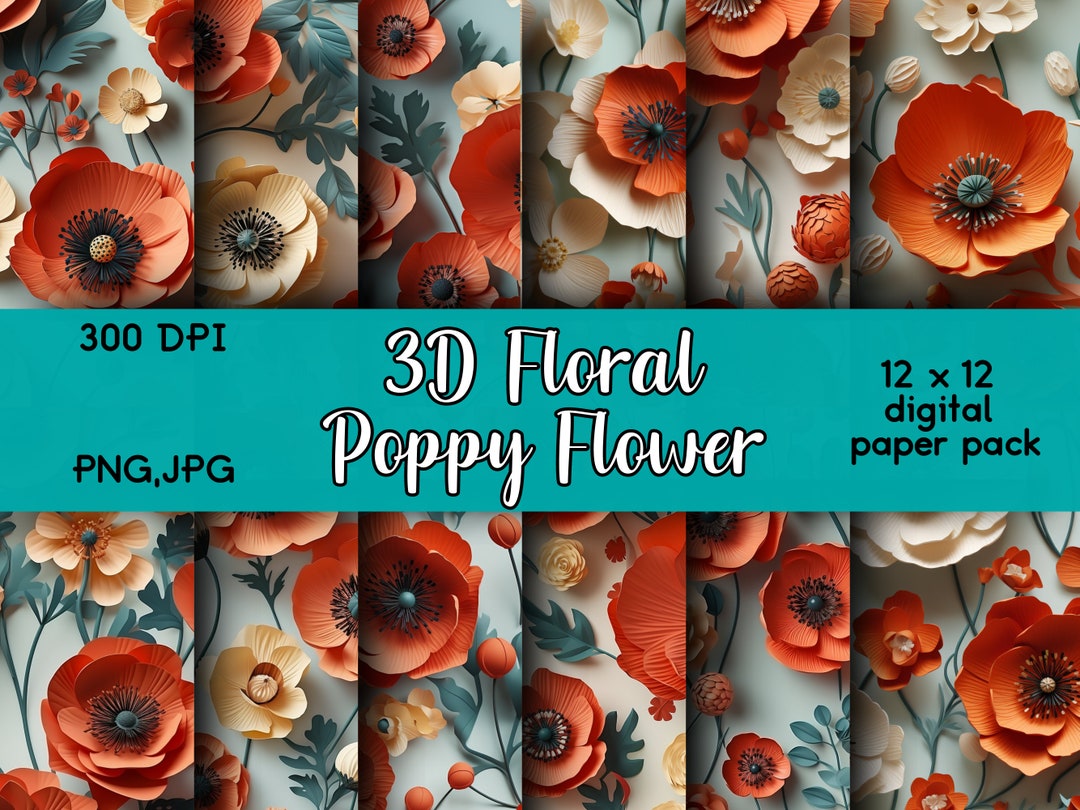 3D Poppy Flowers, Floral Seamless Pattern, Digital Paper, Poppy Art ...
