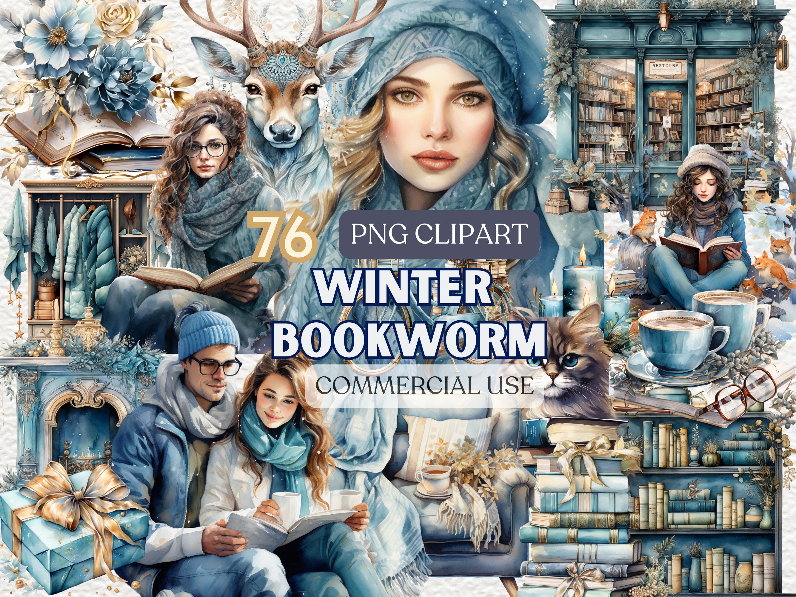 Winter Bookworm Watercolor Clipart, Cozy Clipart, Winter Clipart ...