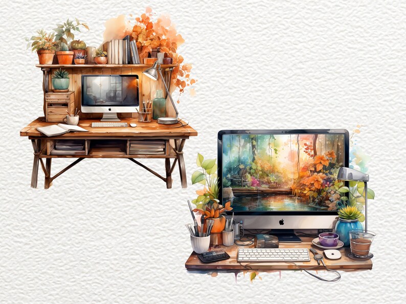 Watercolor Desk With Computer Clipart Watercolor Office - Etsy