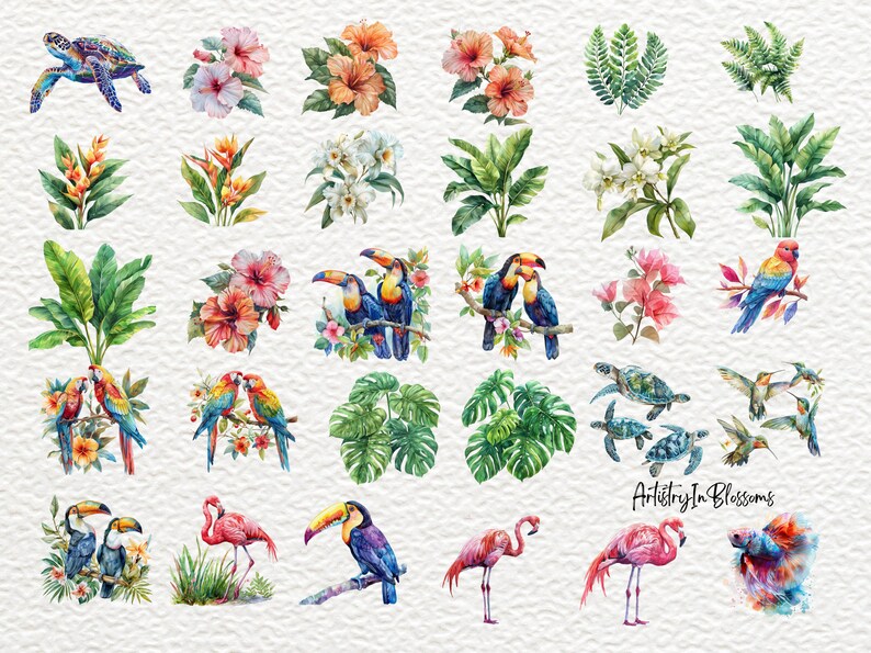 Watercolor Tropical Summer Clipart, Colorful Beach Art, Tropical Summer ...