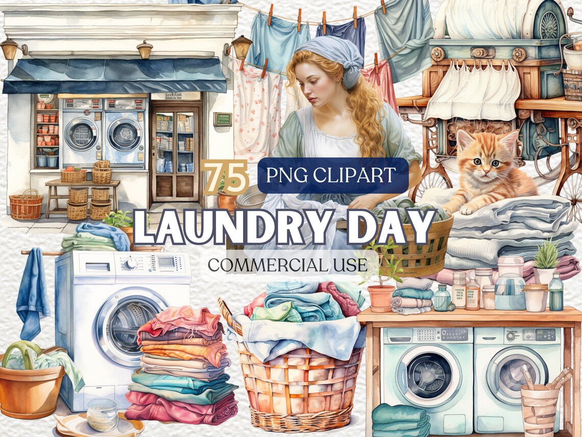 Watercolor Laundry Day Clipart, Housework Clipart, Laundry Png ...