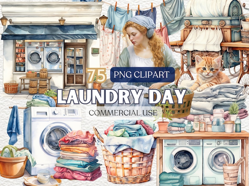 Watercolor Laundry Day Clipart, Housework Clipart, Laundry Png ...