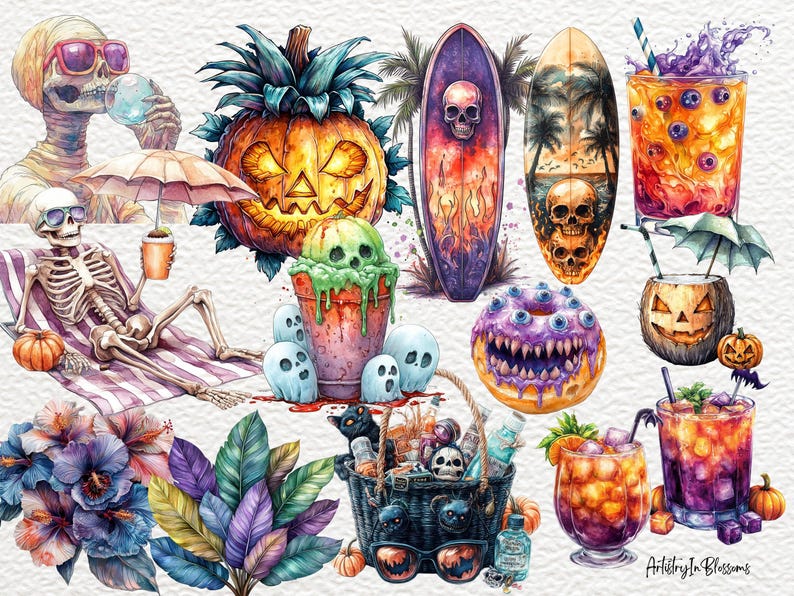 Summerween Vibes Clipart Bundle | Spooky Beach PNG | Halloween Summer ...