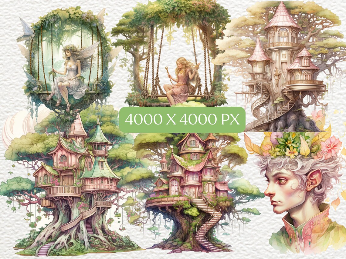 Magical Elf's Forest Clipart, Watercolor Elf Clipart, Watercolor Elf ...