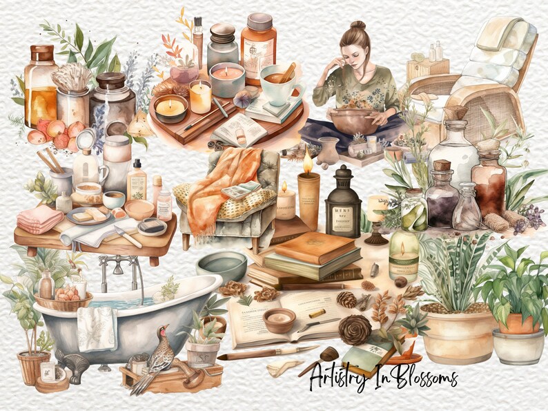 Watercolor Selfcare Clipart, Self-care Watercolor Clipart Bundle, Self ...