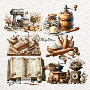Watercolor Vintage Kitchen Clipart, Baking Supplies Clipart Png ...