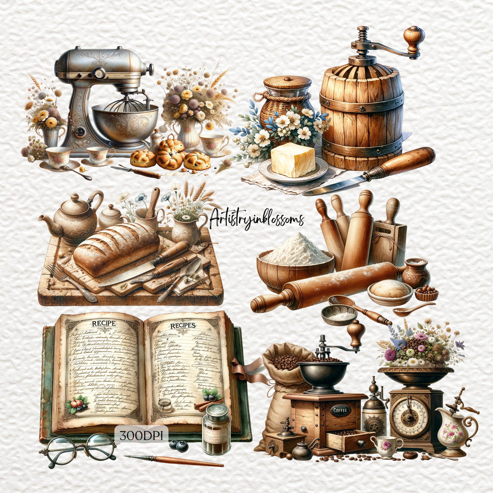 Watercolor Vintage Kitchen Clipart, Baking Supplies Clipart Png ...