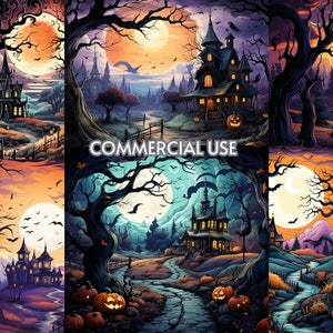Printable Halloween Landscape Digital Paper, Halloween Scene, Spooky ...