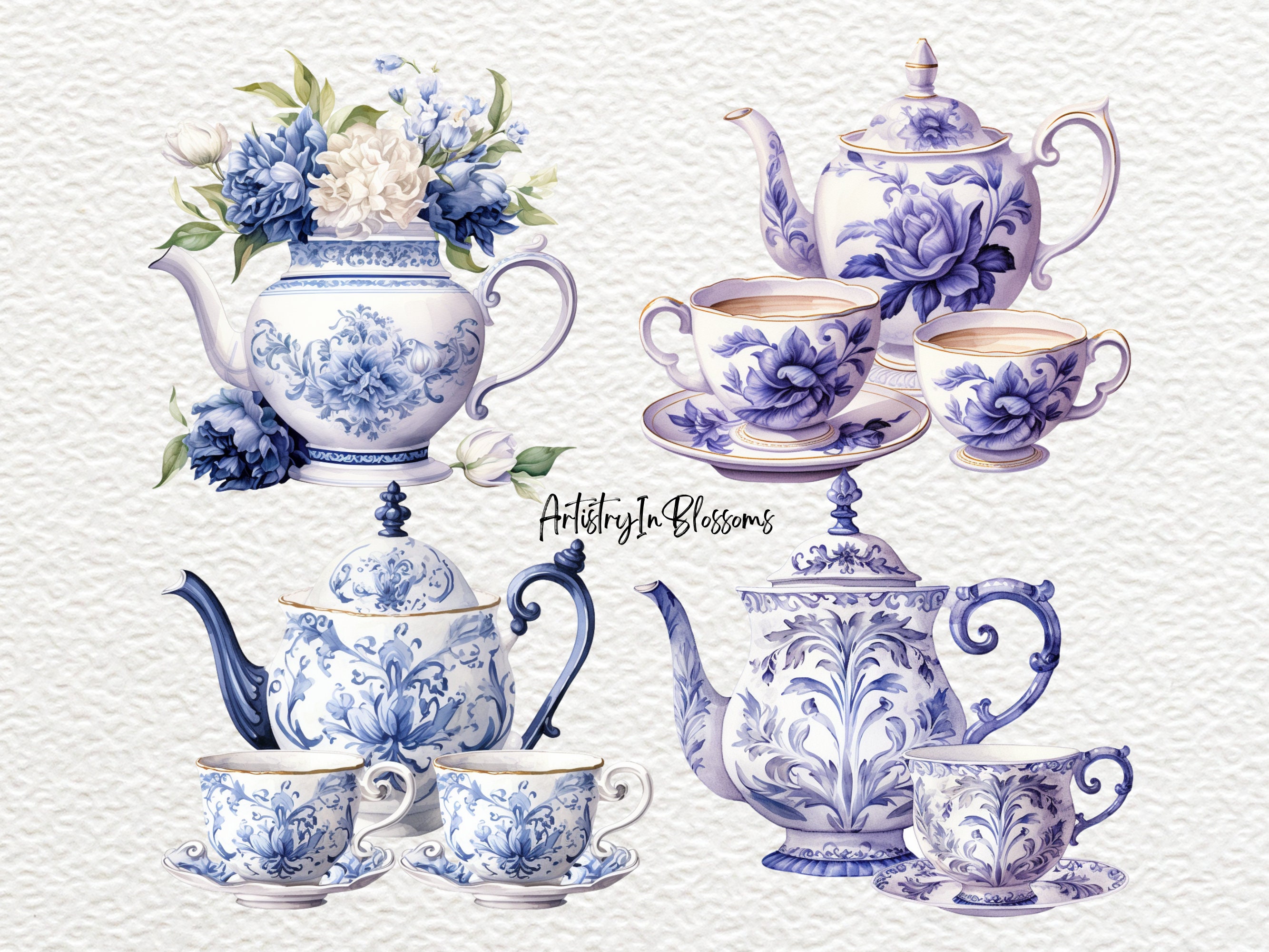 Watercolor Chinoiserie Clipart, Chinoiserie Watercolor Tea Set Clipart ...