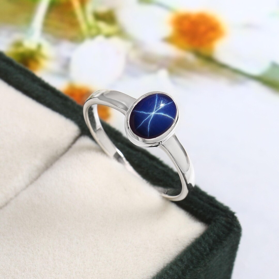 Genuine Blue Star Sapphire Solitaire Ring, Handmade Dainty Jewelry ...