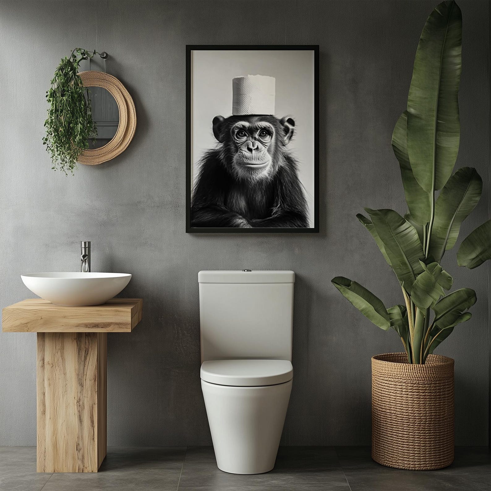 Funny Chimpanzee Bathroom Art, Toilet Paper Hat, Black and White Print ...