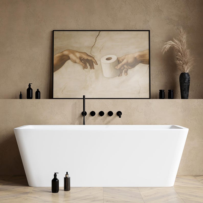 Funny Michelangelo Bathroom Art, the Creation of Adam Parody, Toilet ...