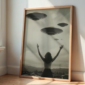 Vintage UFO Poster for Apartment Wall Decor Featuring Woman and Flying ...