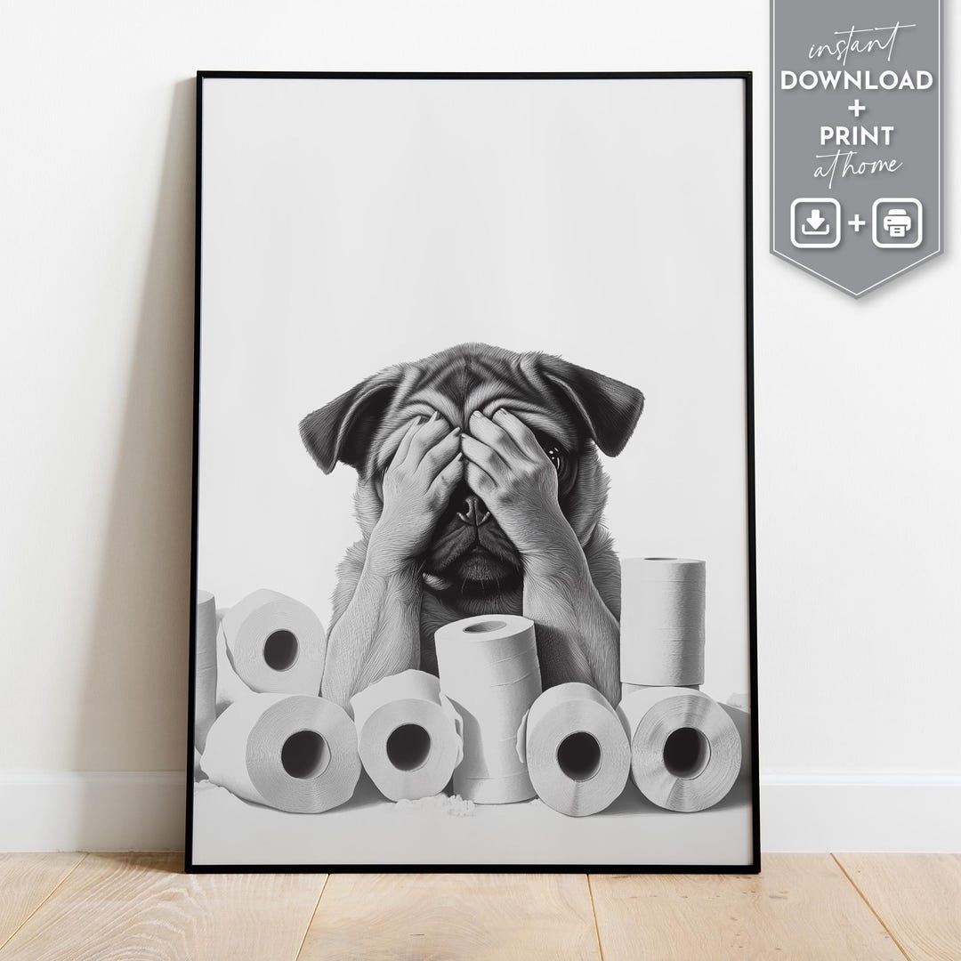 Funny Pug Bathroom Art, Black and White Printable Decor, Quirky Toilet ...