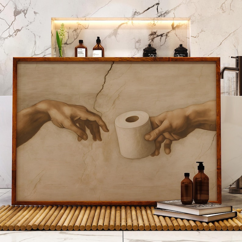 Funny Michelangelo Bathroom Art, the Creation of Adam Parody, Toilet ...
