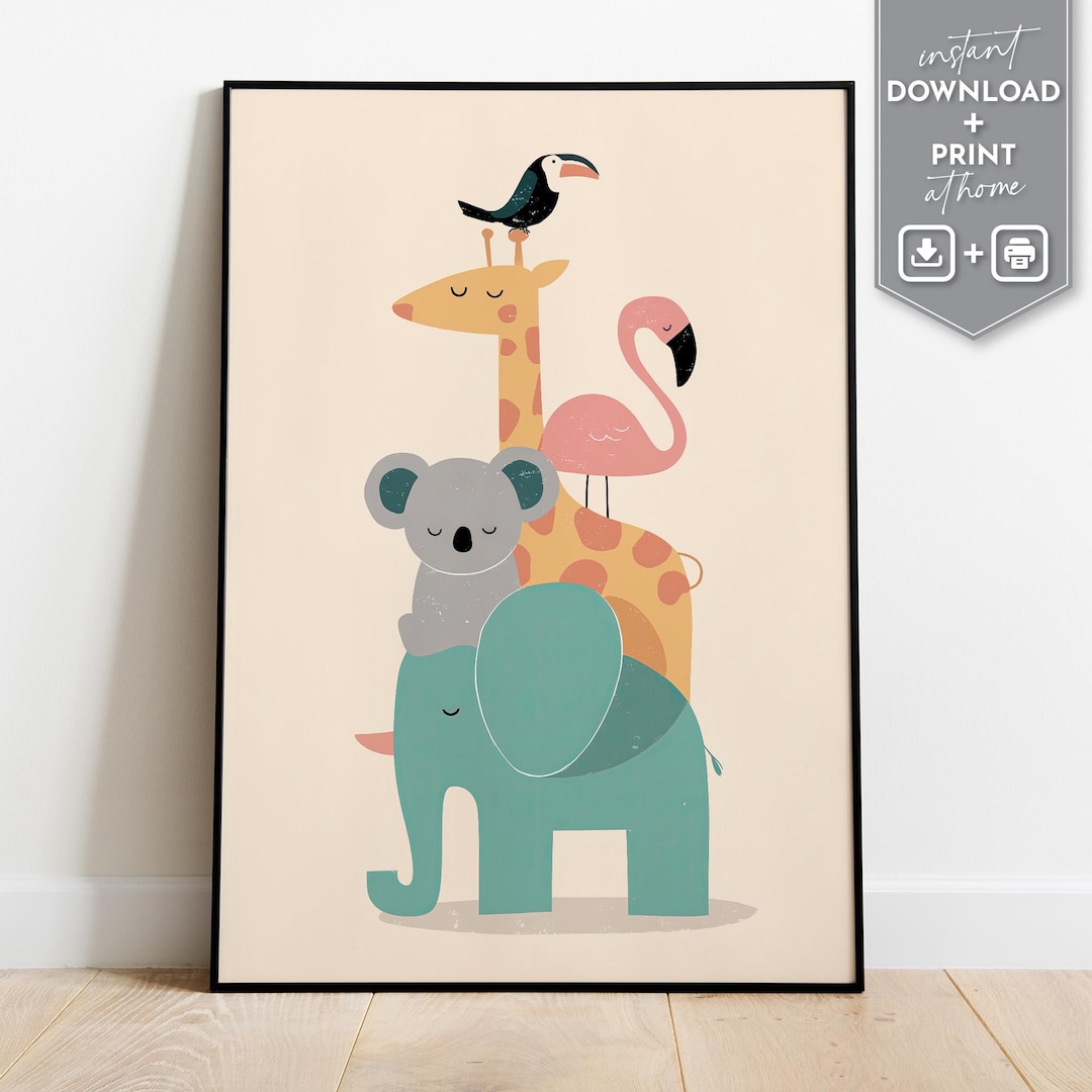 Safari Animal Stack Nursery Wall Art Print Elephant Koala Giraffe Kids ...