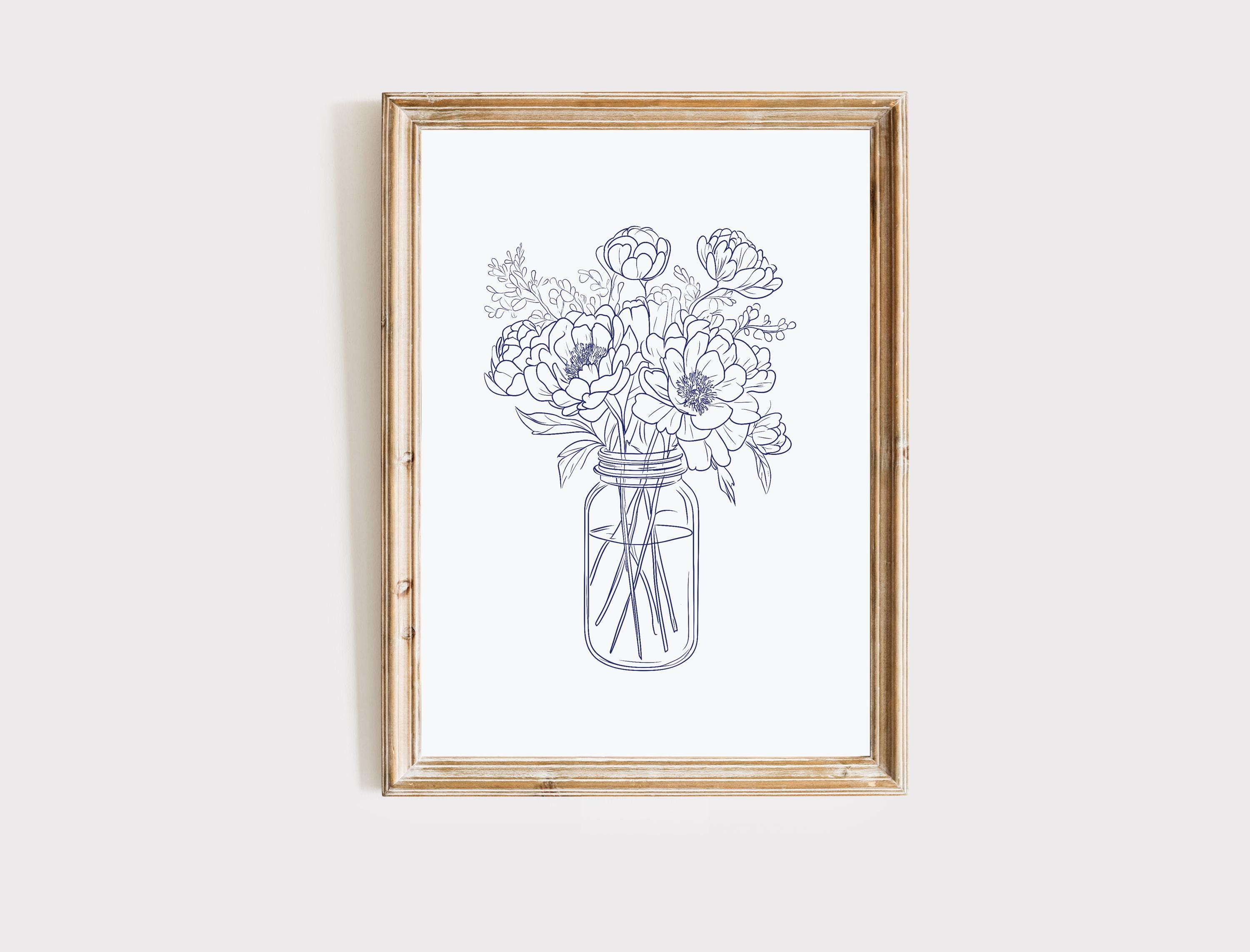 Navy Blue Flower Botanical Print, Mason Jar Bouquet Floral Wall Art ...