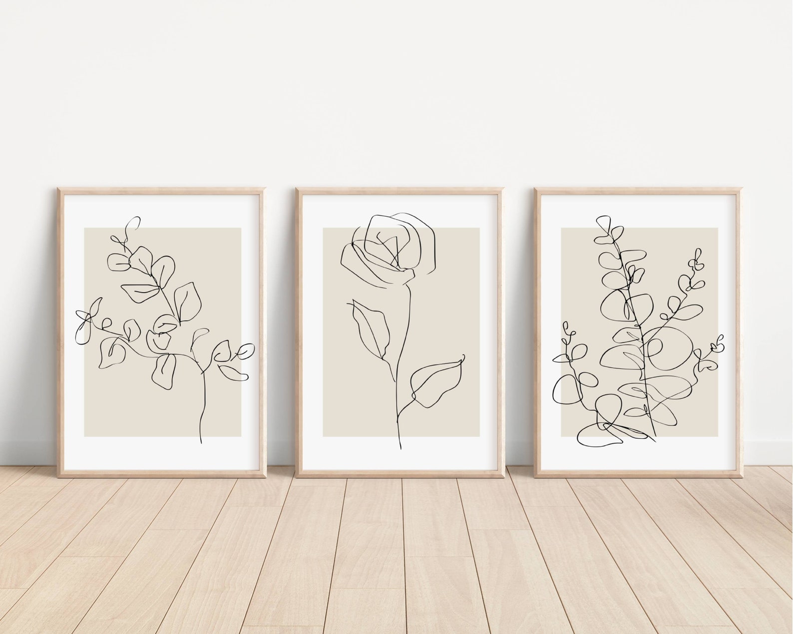 Set of 3 Neutral Botanical Prints, Plant Line Art Prints, Minimalist ...