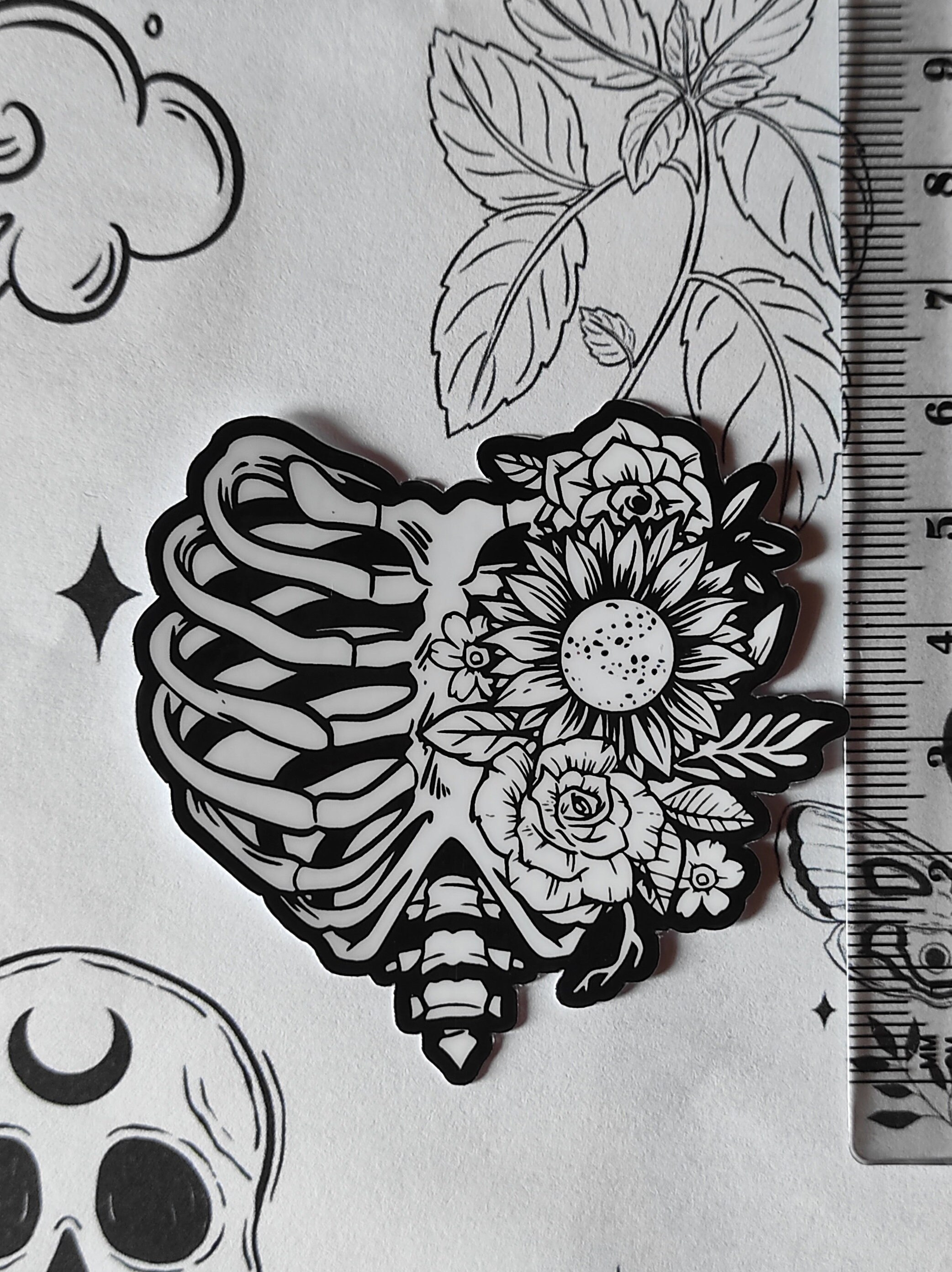 Vinyl Sticker- Skeleton Thorax With Flowers / Waterproof Vinyl Sticker ...