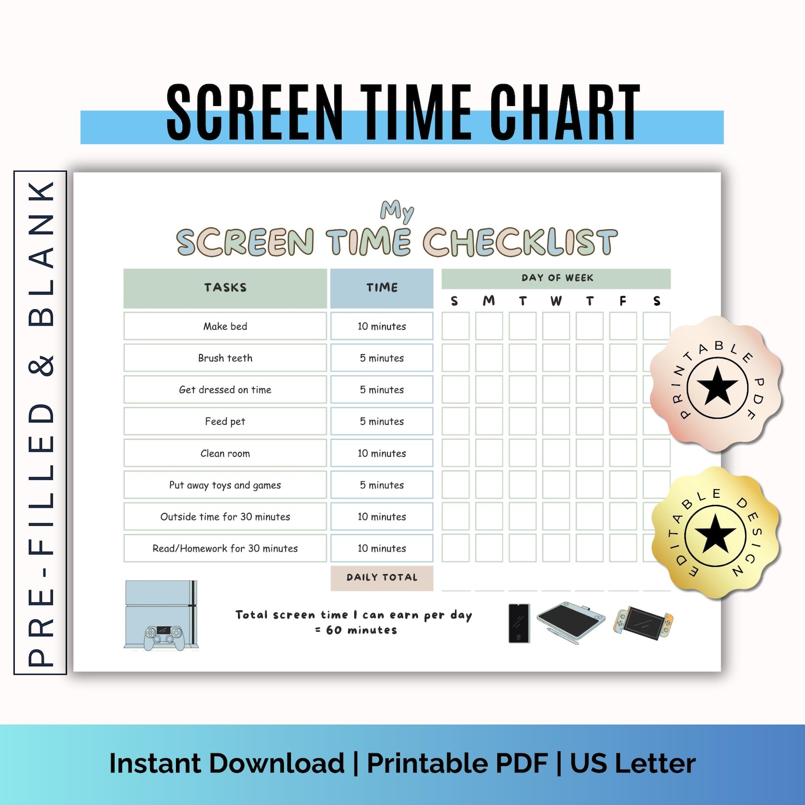 Editable Screen Time Chart for Kids – Earn Screen Time Checklist With ...