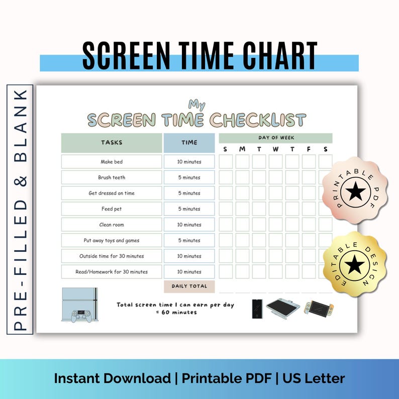 Editable Screen Time Chart for Kids – Earn Screen Time Checklist With ...