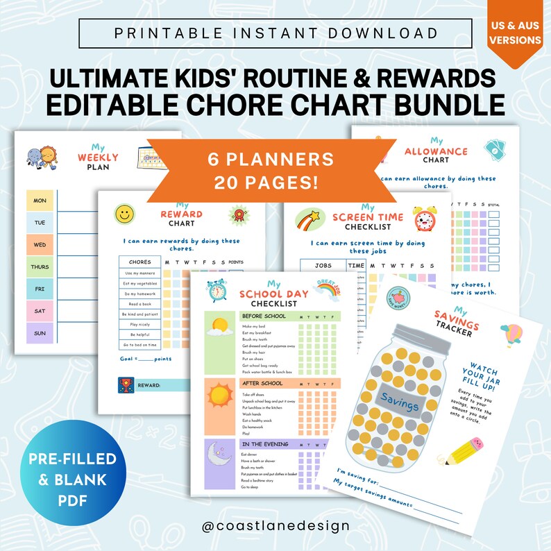 Editable Kids Chore Charts, Routine and Reward, Allowance, School Daily ...