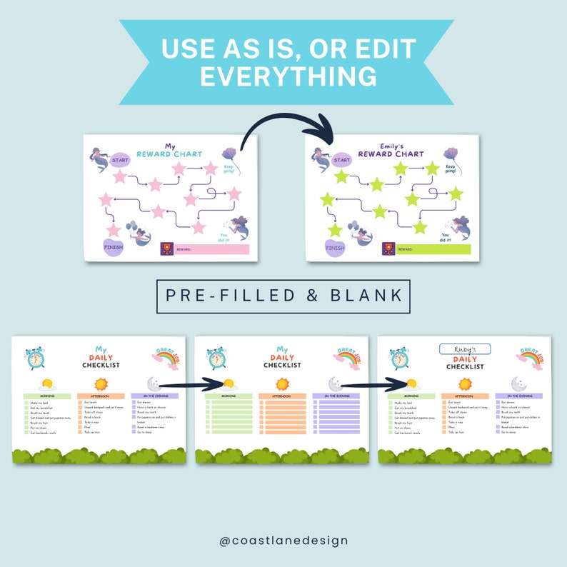 Kids Routine & Rewards Editable Poster Chart Bundle, Daily Checklist ...