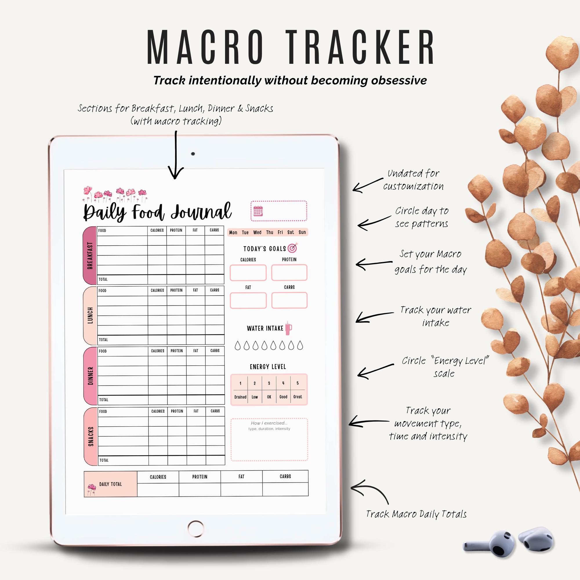 Macro Food Journal Printable – Daily Wellness & Nutrition Tracker for ...