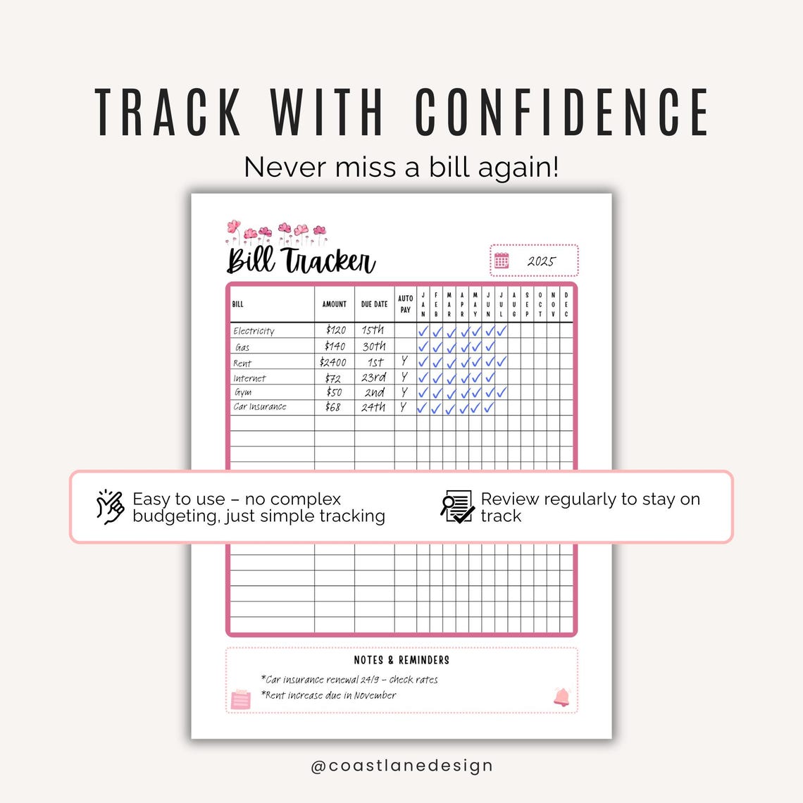 Bill Tracker Printable PDF | Monthly Bill Payment Checklist | Pink ...