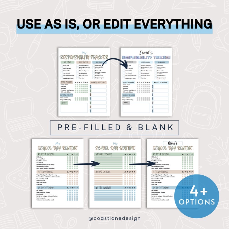 Kids Chore Charts Bundle for Tweens and Teens, Green, Blue Routine and ...