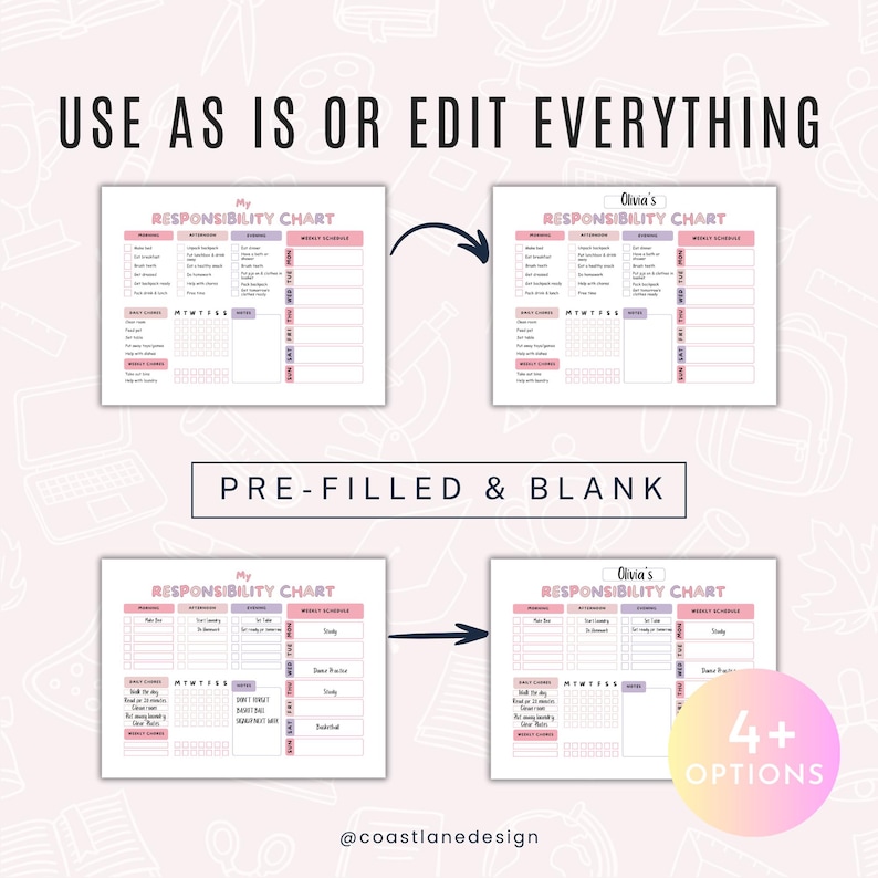 Editable Chore Chart for Teens & Tweens | Printable Daily / Weekly ...