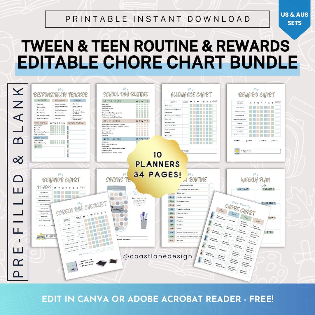 Kids Chore Charts Bundle for Tweens and Teens, Green, Blue Routine and ...