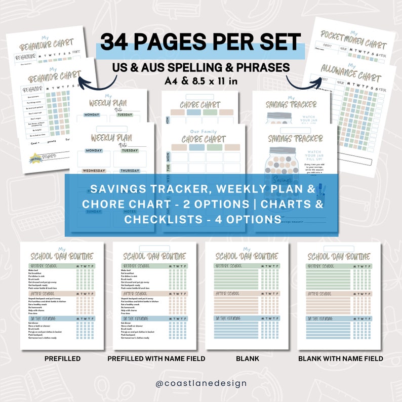 Kids Chore Charts Bundle for Tweens and Teens, Green, Blue Routine and ...