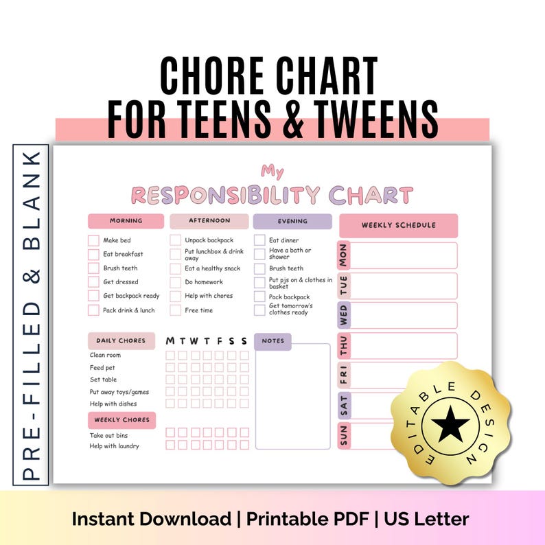 Editable Chore Chart for Teens & Tweens | Printable Daily / Weekly ...