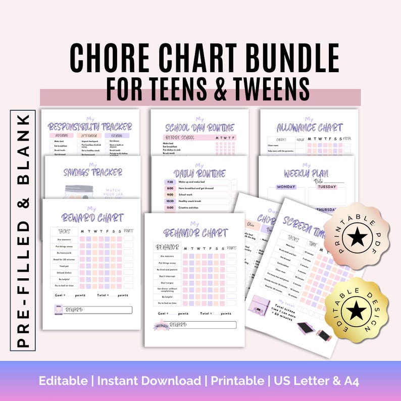 Teen Chore Chart Bundle: Editable Rewards, Behavior, Screen Time ...