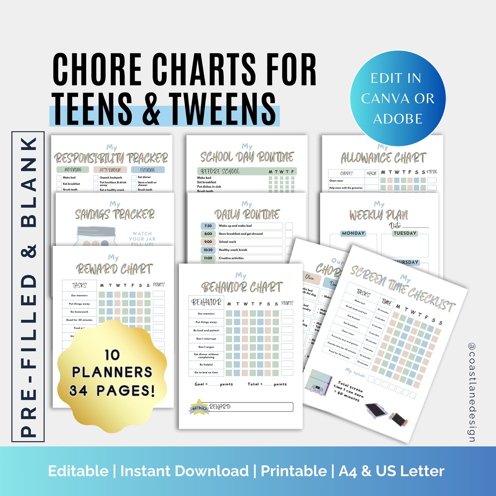Chore Charts for Teens & Tweens, Green, Blue Behavior, Screen Time ...