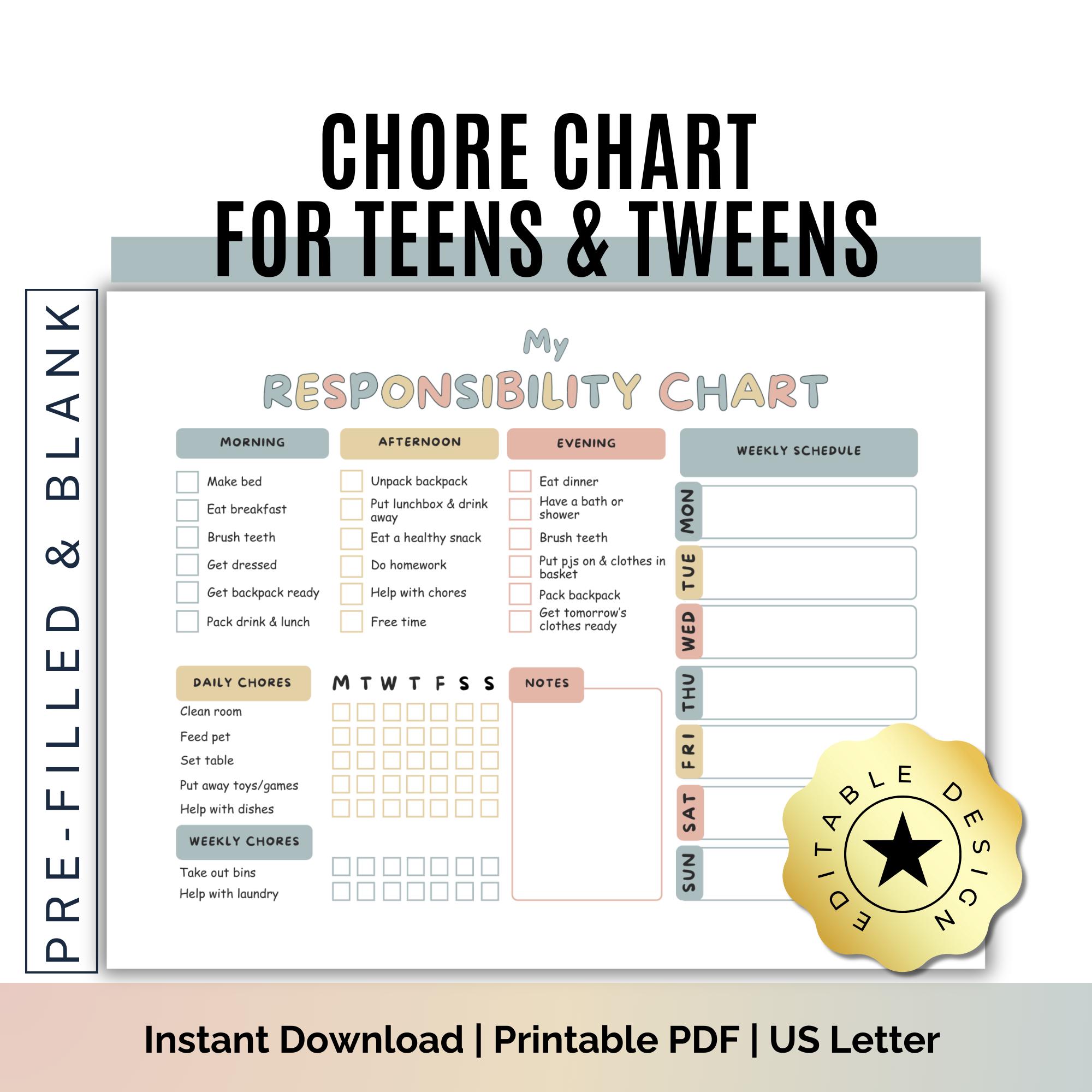 Editable Responsibility Chore Chart for Teens & Tweens | Printable ...