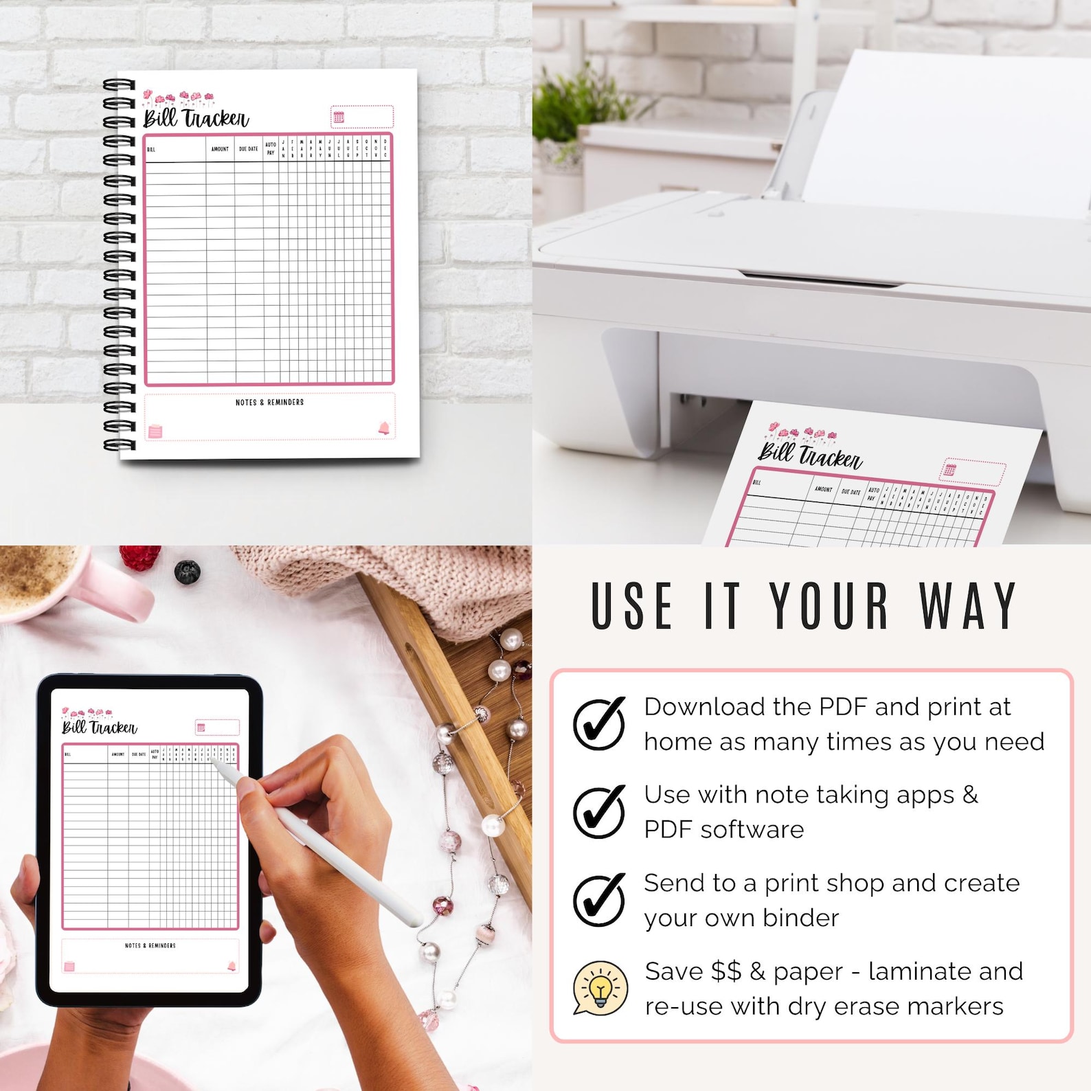 Bill Tracker Printable PDF | Monthly Bill Payment Checklist | Pink ...