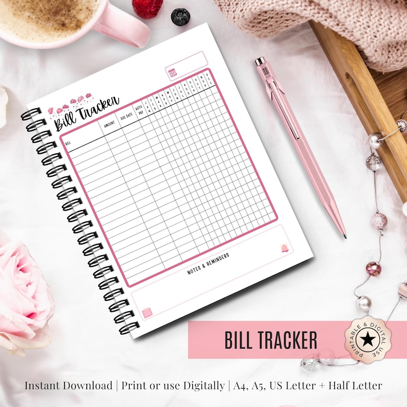 Bill Tracker Printable PDF | Monthly Bill Payment Checklist | Pink ...