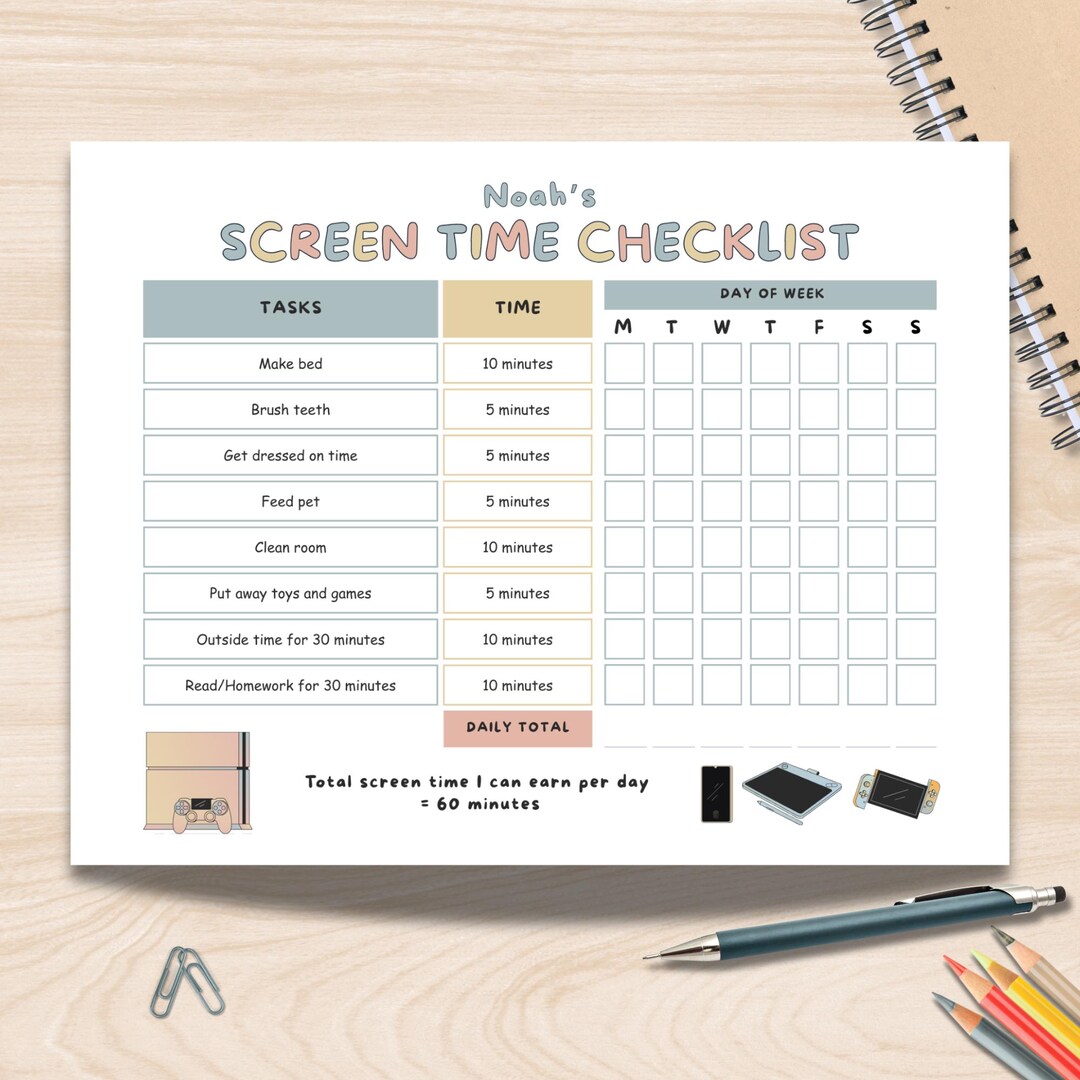 Editable Screen Time Chart for Kids – Earn Screen Time Checklist With ...