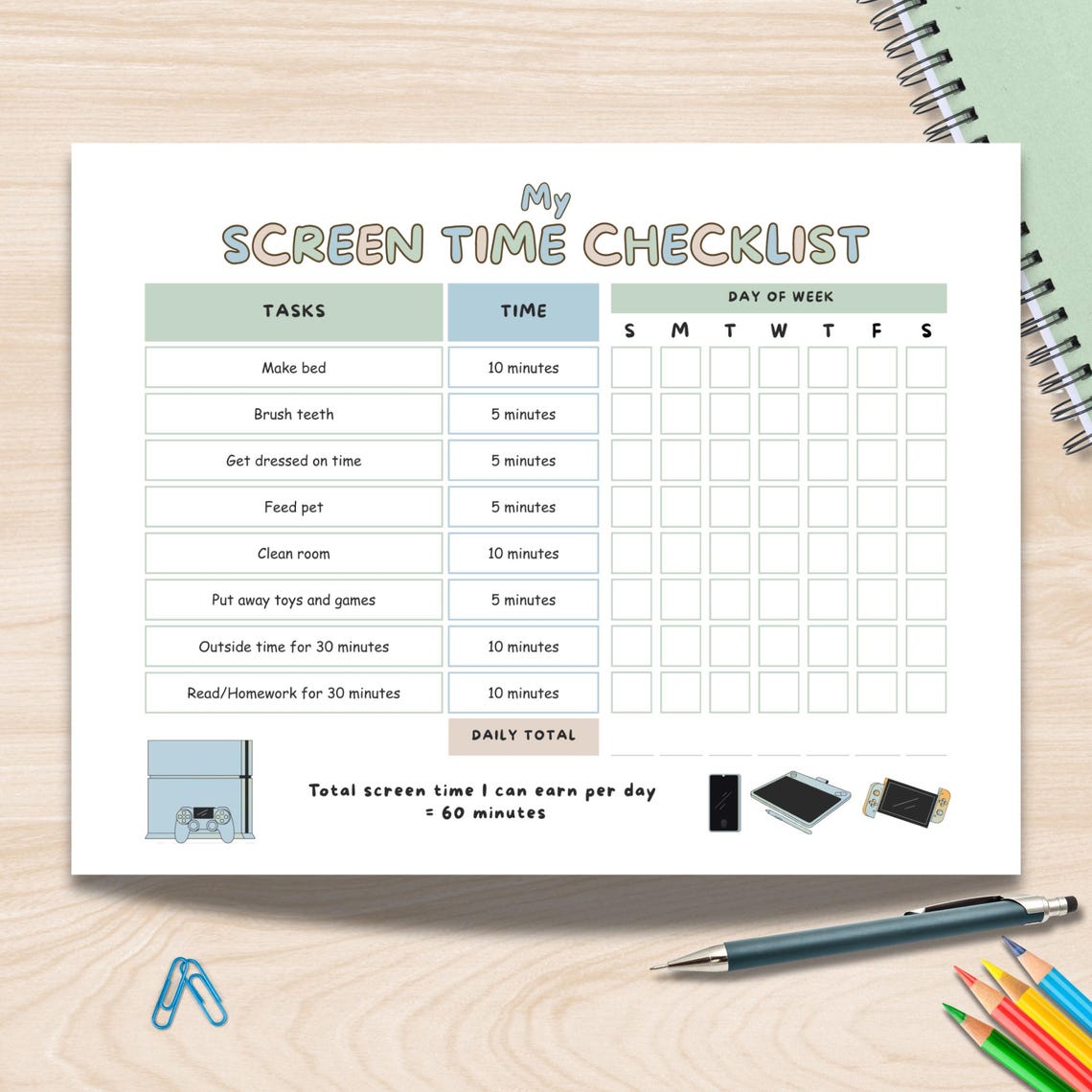 Editable Screen Time Chart for Kids – Earn Screen Time Checklist With ...