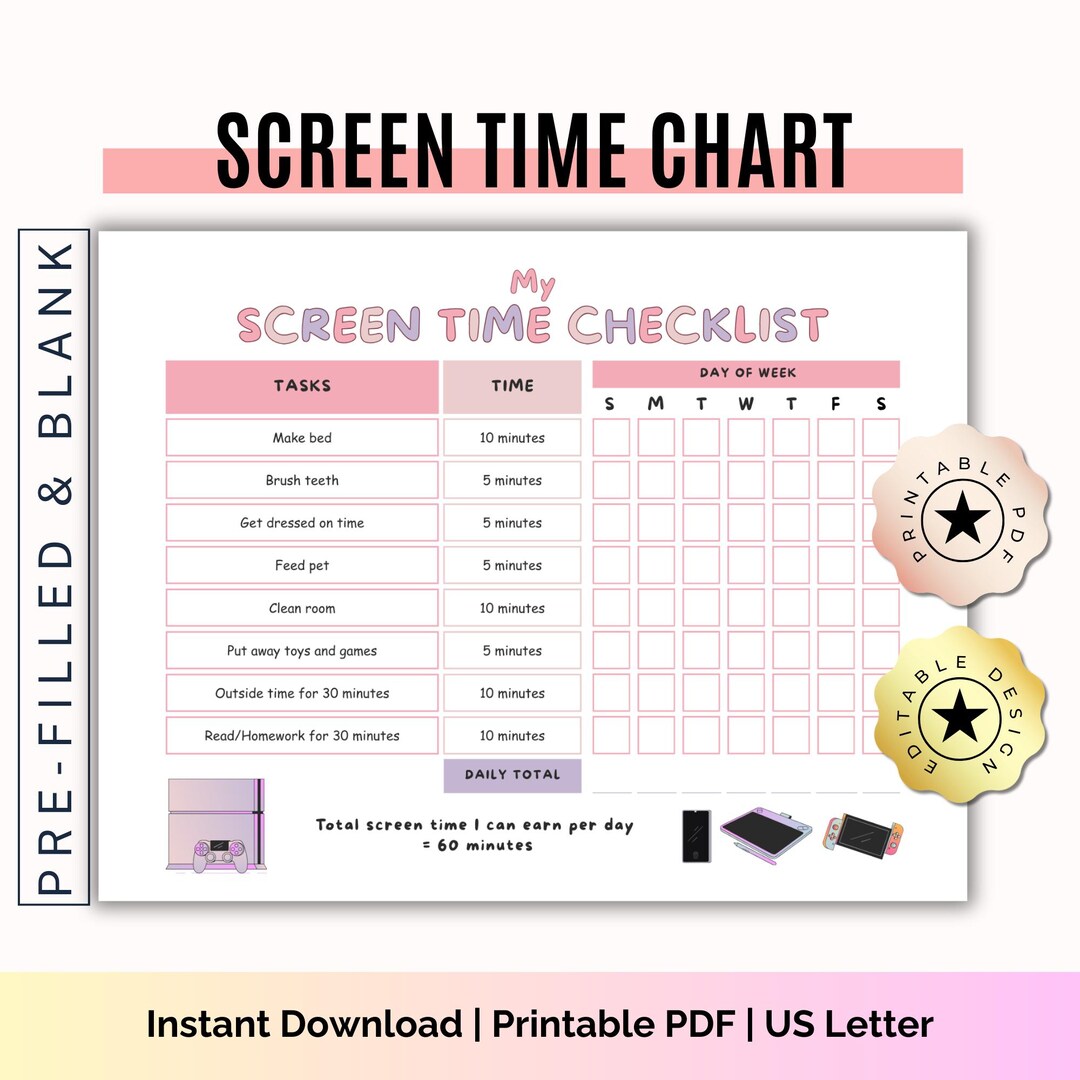 Editable Screen Time Chart for Kids – Earn Screen Time Checklist With ...