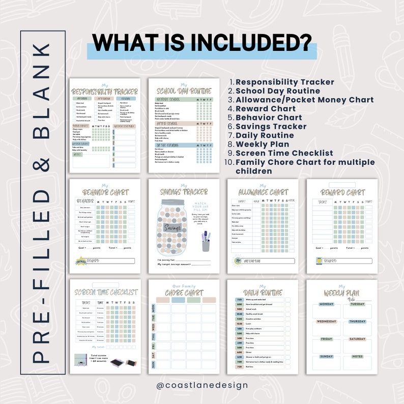 Kids Chore Charts Bundle for Tweens and Teens, Green, Blue Routine and ...