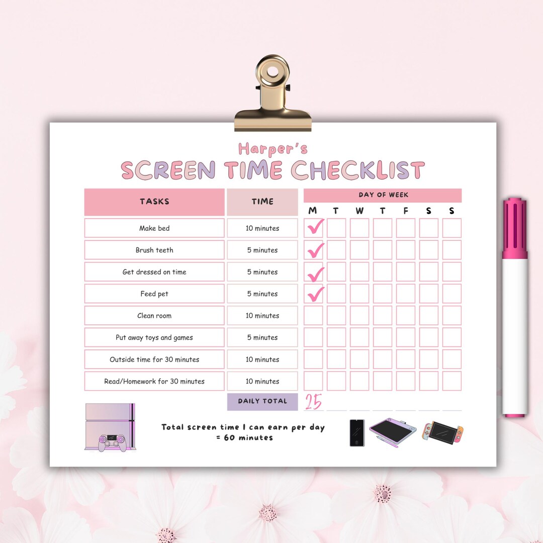 Editable Screen Time Chart for Kids – Earn Screen Time Checklist With ...