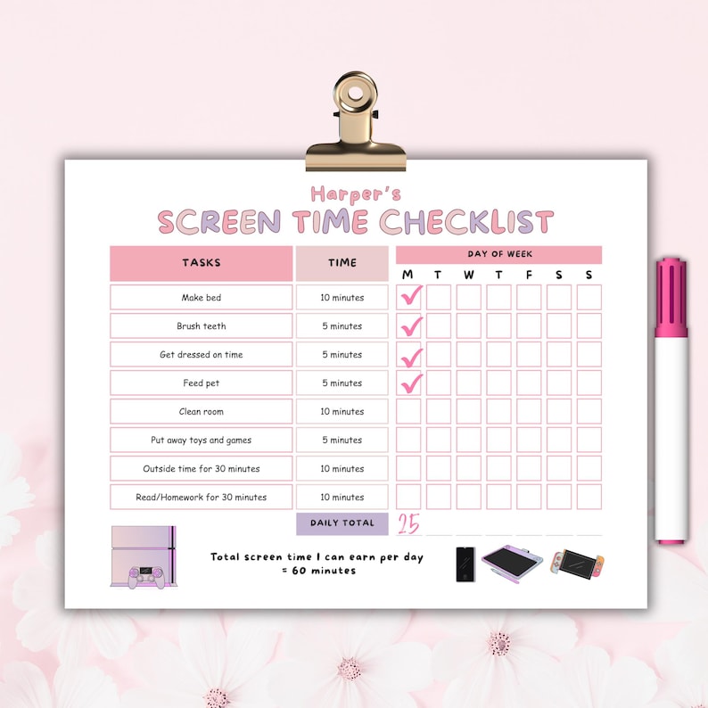Editable Screen Time Chart for Kids – Earn Screen Time Checklist With ...