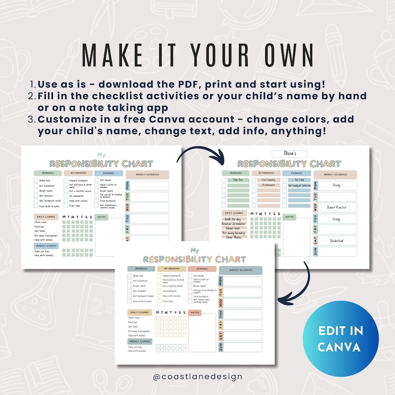 Teen Chore Chart: Editable Responsibility Tracker (digital PDF, Canva ...